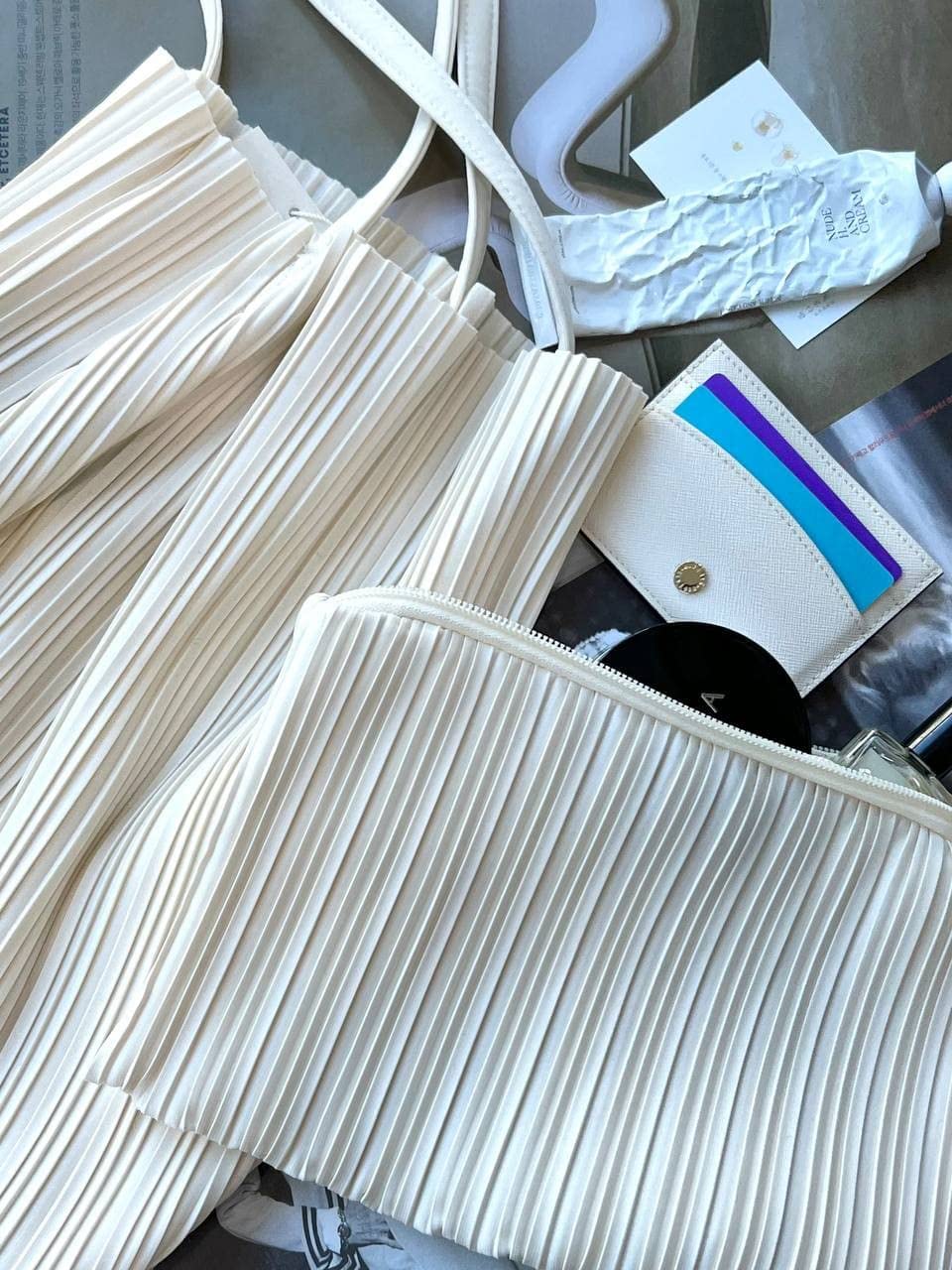 BLUEORB Each Bag Casual Washable Pleats Women's Versatile 100% Recycled Polyester Daily Shoulder Bag Tote Hobo Pouch Set (Butter Cream)
