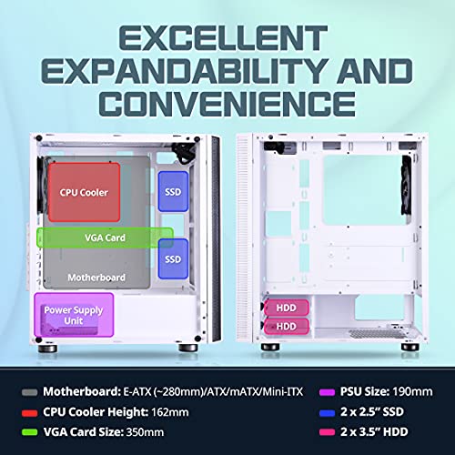 Zalman R2 White ATX Mid Tower Gaming PC Case, Mesh Front Panel, Tempered Glass, Top I/O Ports, 120mm Spectrum RGB LED Fan, Cooling System - White