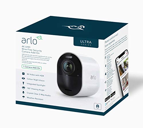 Arlo Ultra Smart Home Security Cameras, Alarm, Rechargeable, Colour Night Vision, Indoor/Outdoor, 4K UHD, 2-Way Audio, Spotlight, 180 Degree View, Add On Camera - SmartHub Needed, VMC5040