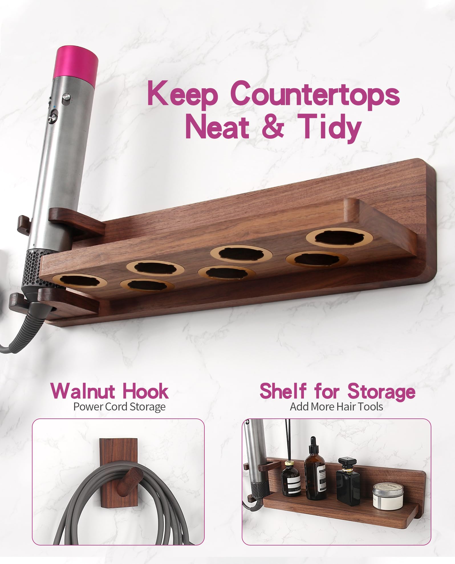 Affogato Walnut Storage Holder Compatible with Dyson Airwrap Wall Mount Holder with Shelf Organizer Rack Compatible with Dyson Airwrap Styler Accessories, Wood