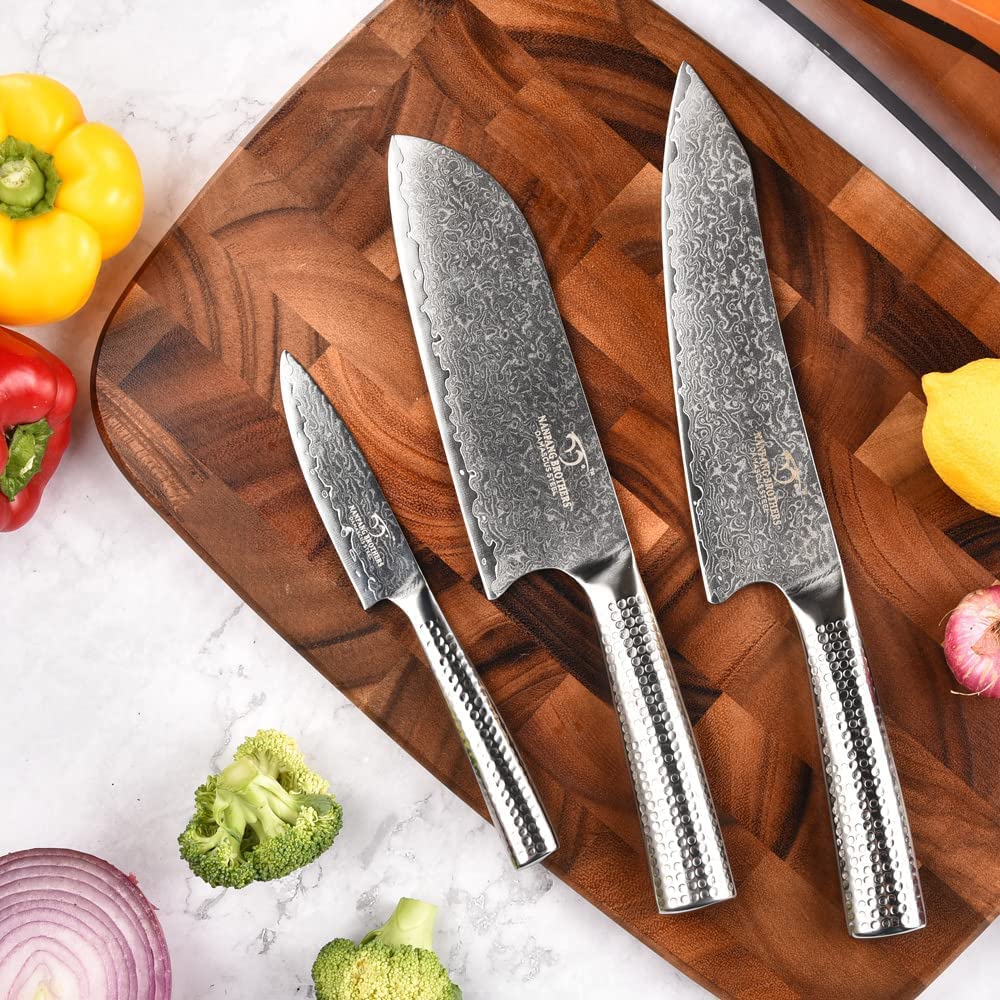4 Pieces Damascus Kitchen Knife Set with Block, 8β Chef Knife, 7β Santoku Knife, 3.5β Paring Knife, 3 Slots Natural Wood Block, 67 Layer Handmade Damascus VG10 Steel Core, Hammered Ergonomic Handle