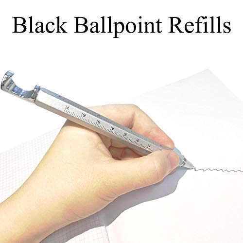 RENXING 7 in 1 Tech Tool Pen | Multitool Ballpoint Pens 0.7mm Black Ink | with 4 Refills | Ruler | Bottle Opener | Phone Stand | Sturdy Screwdriver Pocket Gadget Kit for Men Women Girls Boys, Silver