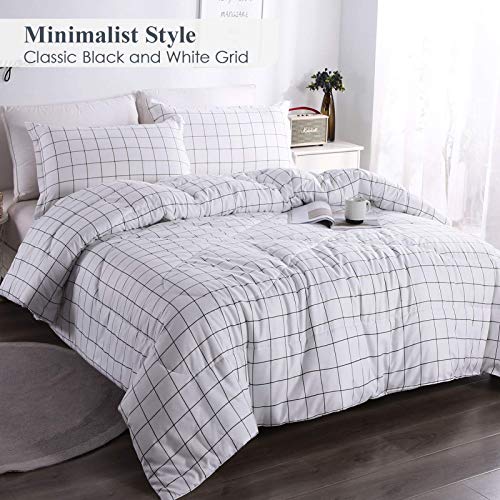 Andency White Grid Comforter Set Twin Size (66x90 Inch), 2 Pieces(1 Grid Comforter and 1 Pillowcase), Summer Lightweight Microfiber Down Alternative White Comforter with Black Lines for Kids Girls