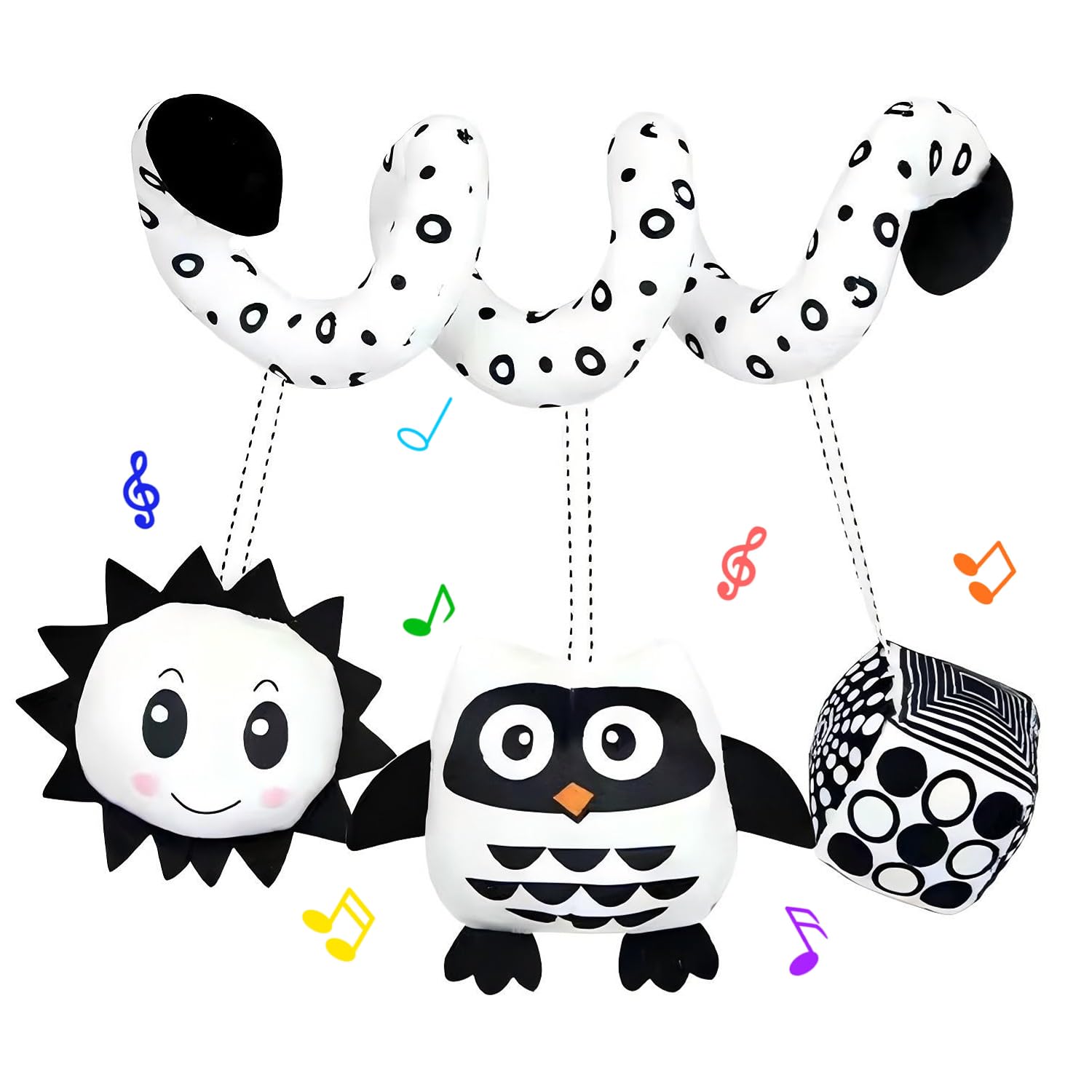 Ebrima Baby Spiral Activity Car Seat Toys, Black and White Baby Toys, High Contrast Baby Sensory Toys, Newborn Hanging Plush Stroller Toys for 0 3 6 9 12 Months Boys Girls (Owl)