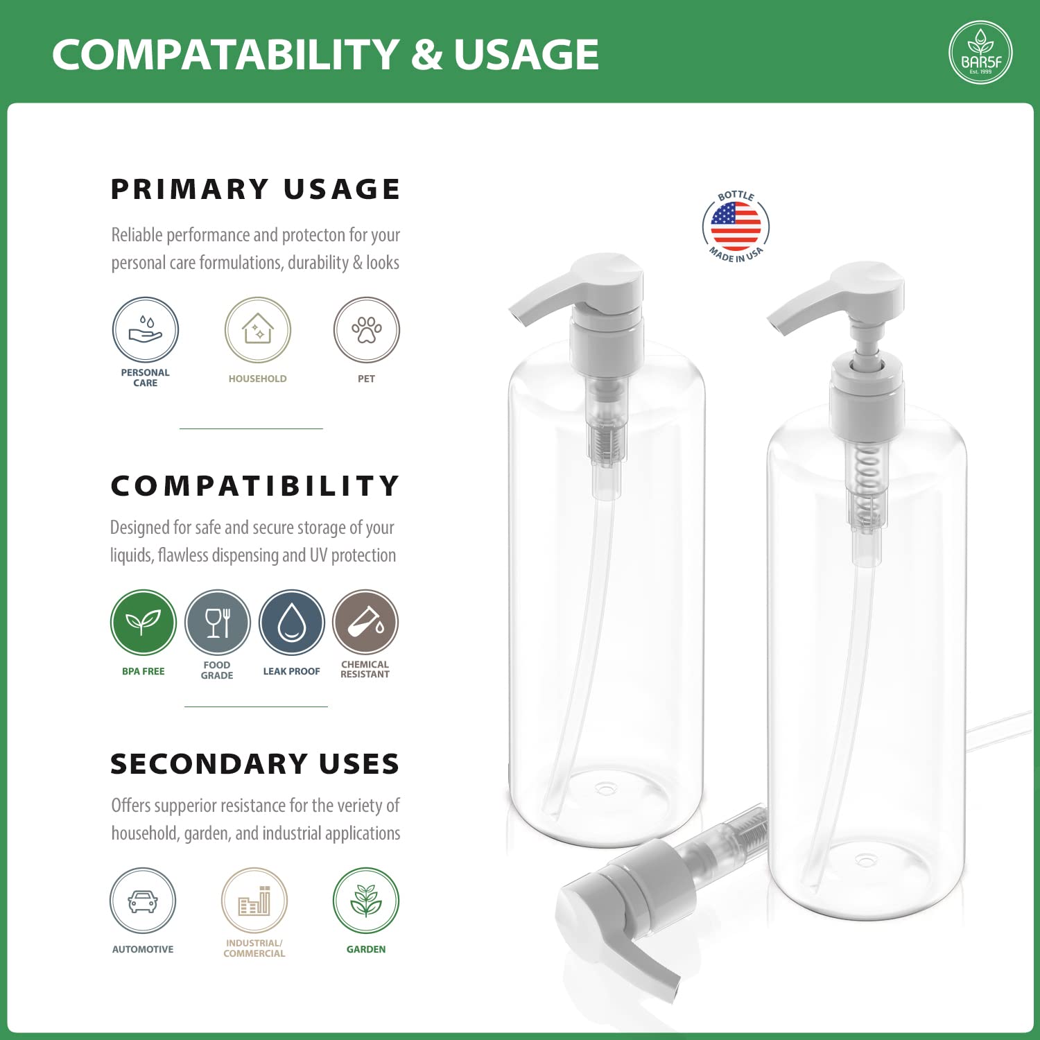 Bar5F Refillable Pump Bottles 32-Ounce 1-Liter Shampoo Conditioner Lotion Soap Crystal-Clear BPA-Free Pack of 3