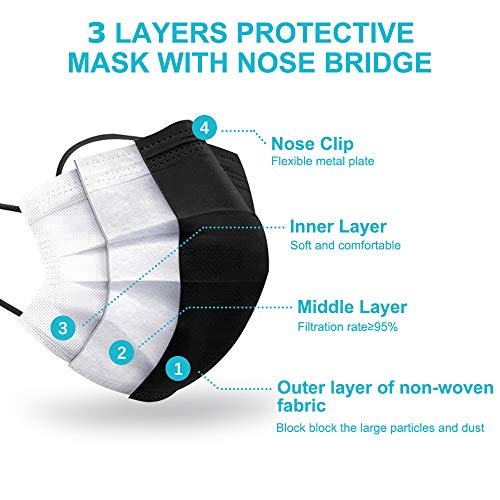 EHH Black Disposable Face Masks, Individually Wrapped, Breathable Face Mask for Men Women, 3- Ply, Comfortable Adult Masks with Adjustable Nose Wire & Elastic Ear Loop 50 Pcs, Black