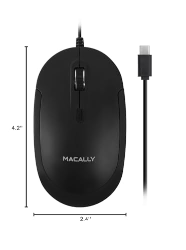 Macally Wired USB C Mouse for Mac and PC - Slim, Quiet, and Reliable - 4 DPI Mode Type C Mouse for Laptop, MacBook Pro/Air, iMac - Wired Mouse USBC