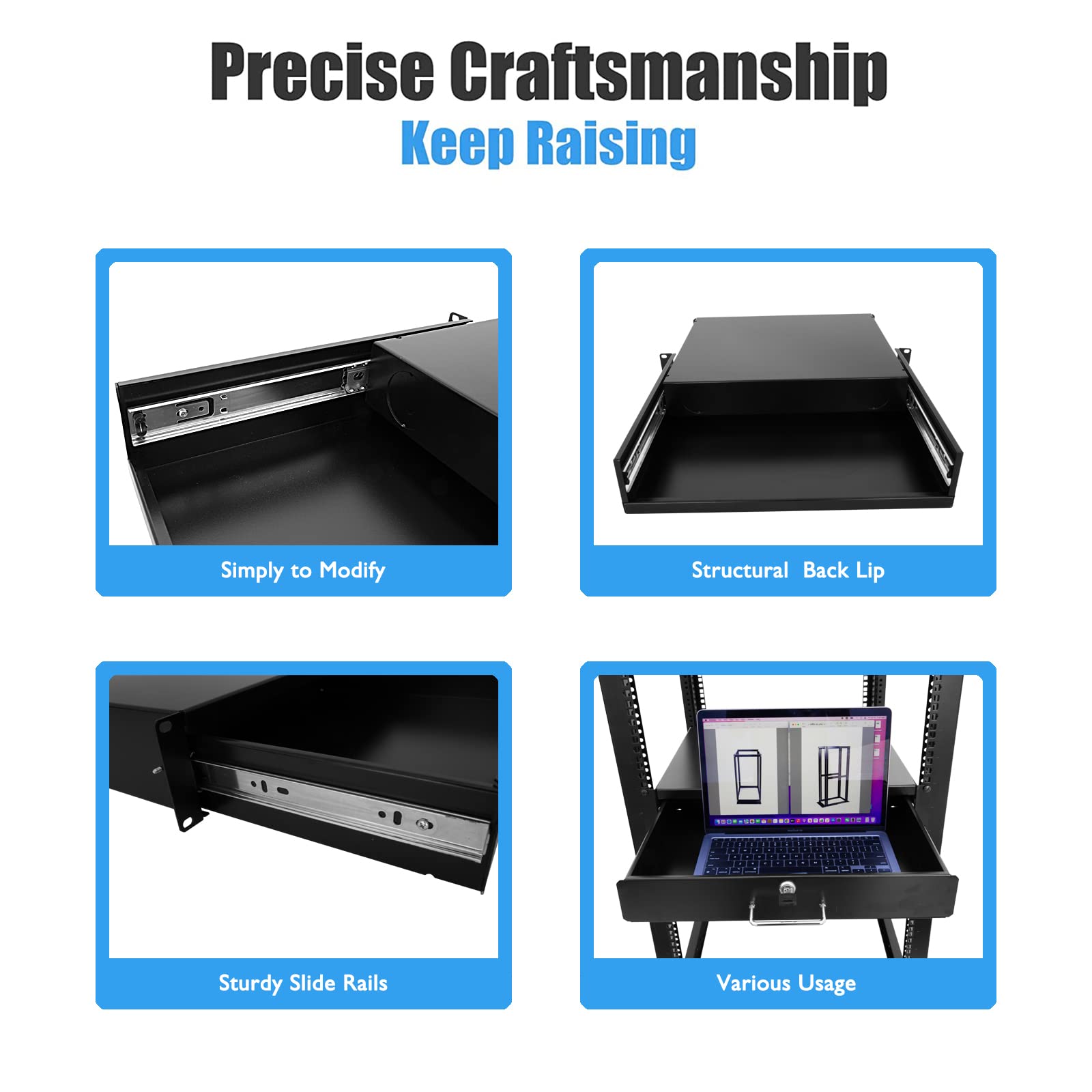 RAISING ELECTRONICS Drawer Server Cabinet Case 19 Inch Locking Rack Mount DJ Lockable Deep Drawer with Key (2U)