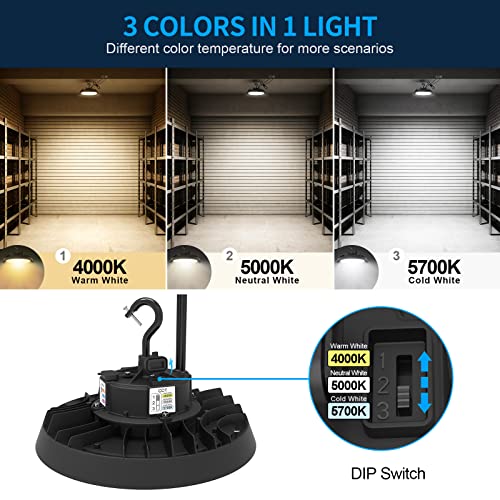 AKK 200W LED High Bay Light 180W 150W Tunable, 3 Color Switchable 30000LM UFO LED High Bay Light(Eqv. 900W MH/HPS), 1-10V Dimmable High Bay LED Lights, US Plug 5' Cable, 100-277V for Factory Warehouse