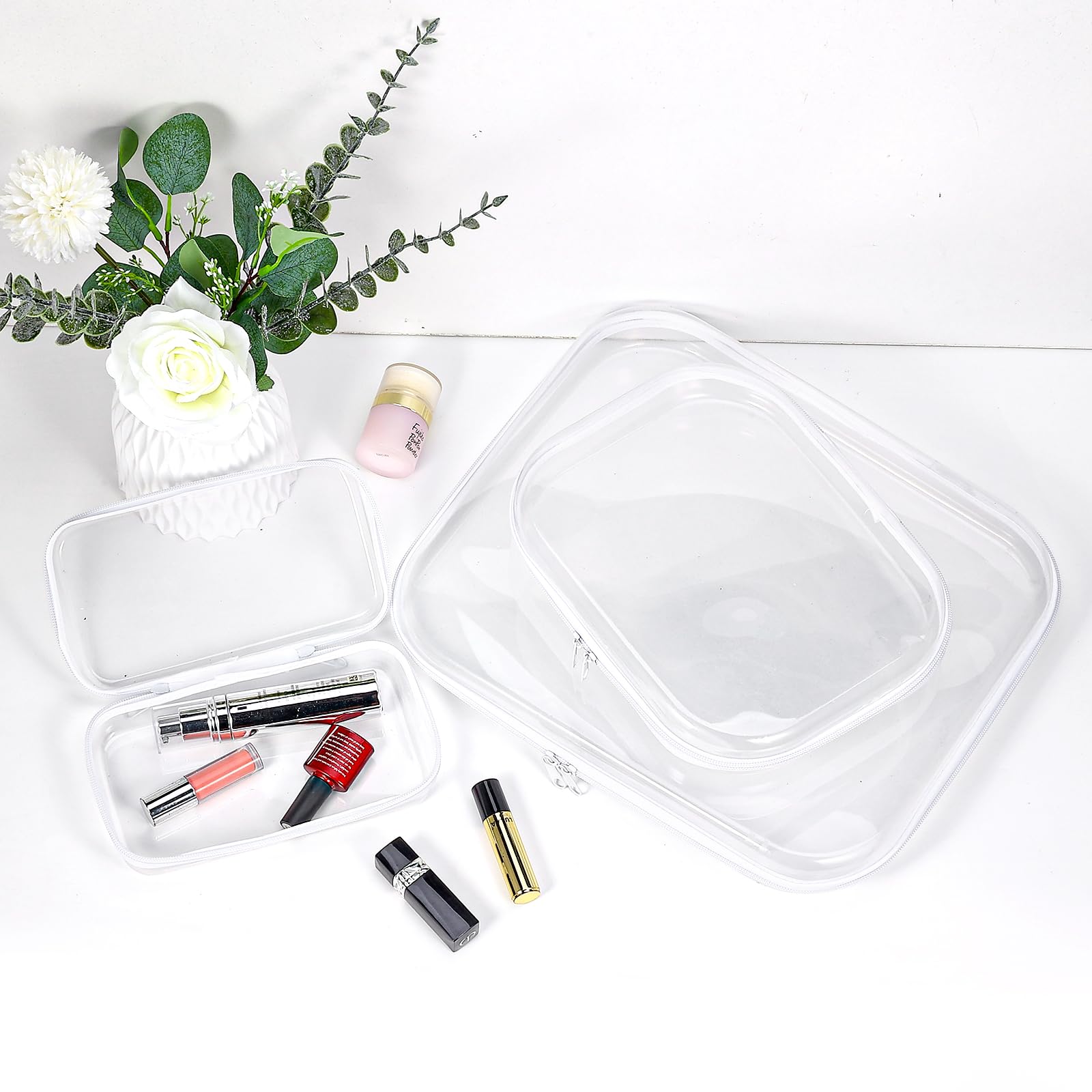 3 Pack Zippered Hard Pouch, Clear Plastic Storage Box Containers Small Toiletry Bag, Clear Hard Shell Zipper Case for Small Items, Toys, Building Blocks, Puzzles, Cosmetics&Stationery, 3 Size (White)