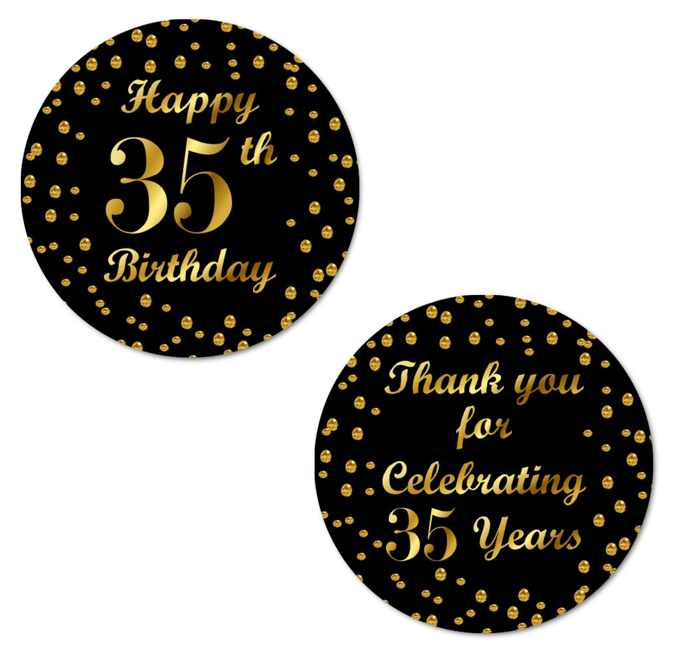 35th Birthday Round 2 Inch Big Glossy Stickers, Thank You for Celebrating 35 Years Black and Gold Labels, Great for Party Favors, Decorations, Tags, Gift Bags and Supplies. Made in USA