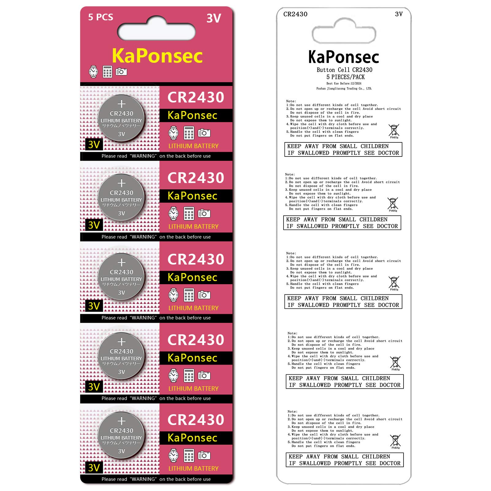 KaPonsec 5 Pack CR2430 ECR2430 Lithium 3-Volt Coin Cell Batteries