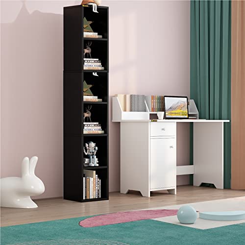 ALISENED 68.5" Tall Narrow Bookshelf, 6 Shelf Wooden Corner Bookcase, Modern Skinny Cubes Storage Organizer Display Shelving for Bedroom, Library, Living Room, Home, Office, Black