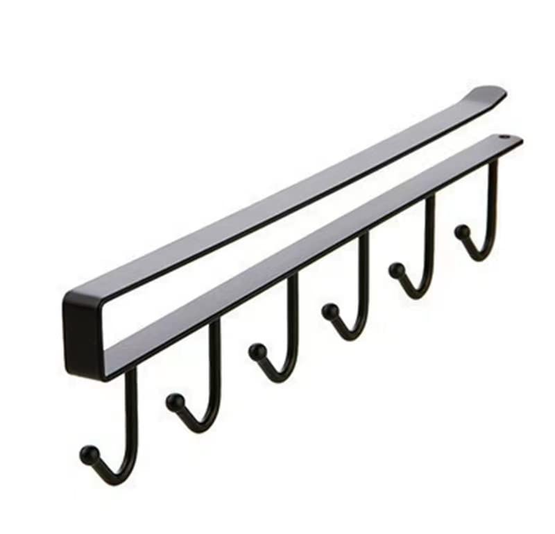 2pcs Multi-Hooks Under The Cabinet 6-Hook Hanging Hook Rack Kitchen Utensil Cupboard Hanger Chest Organizer Cup Holder for Coffee Bar, Fit for 0.8 Inch Thickness Shelf or Less, Nail Free (Black)