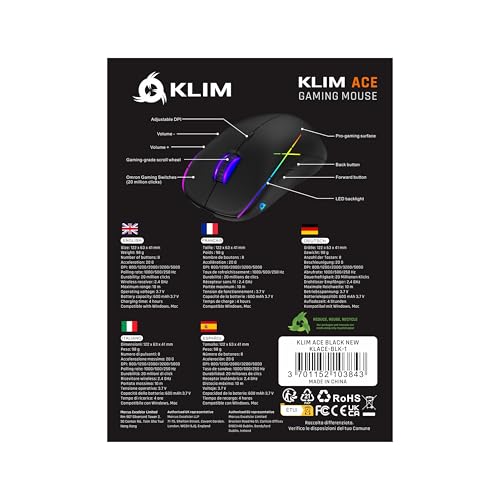 KLIM Ace - Rechargeable Wireless Gaming Mouse RGB + New Version + High-Precision Sensor & Breathtaking RGB Effect + 8 Customizable Buttons + Ambidextrous + Wired and Wireless Mouse for PC Mac PS4 PS5
