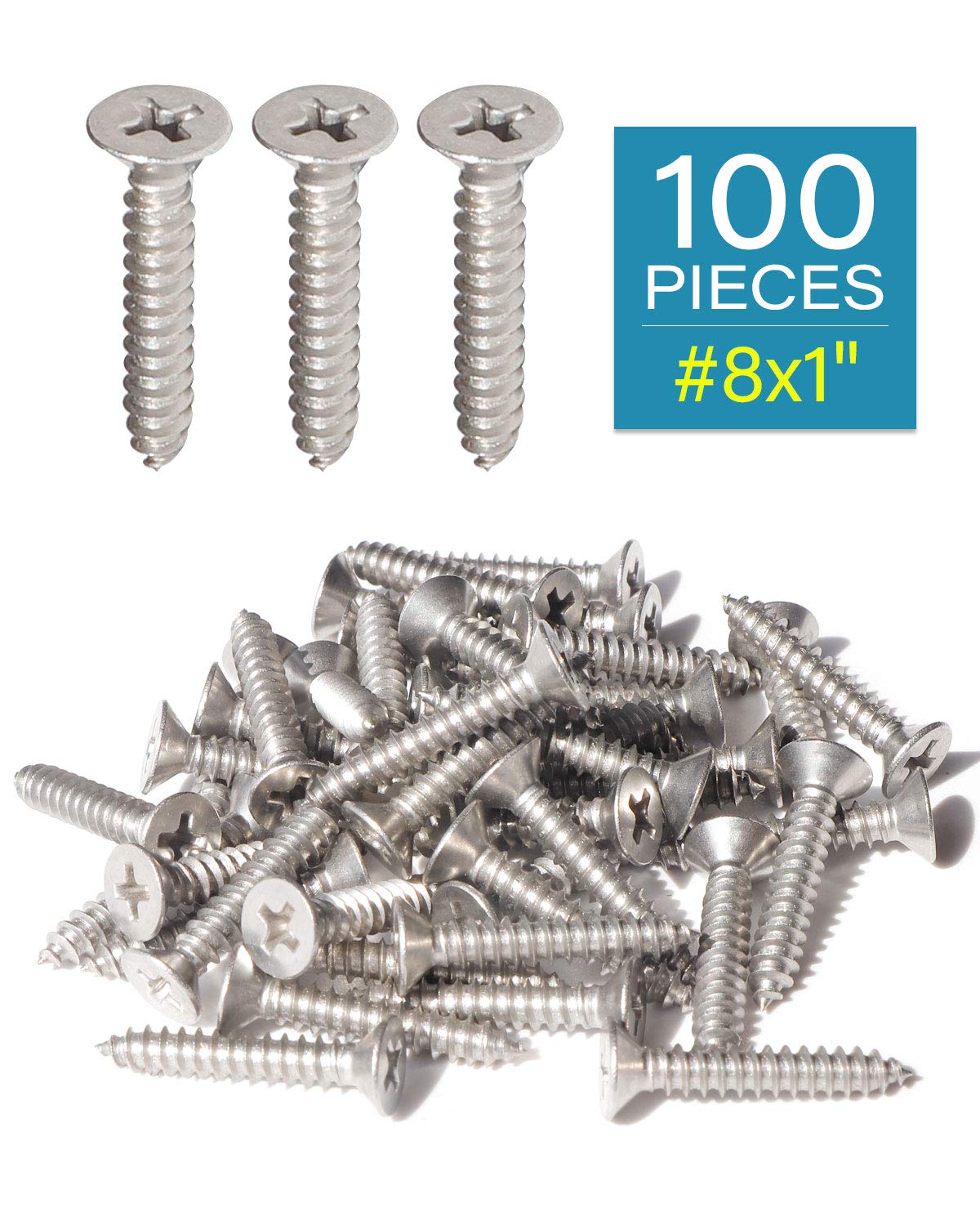 IMScrews 100pcs #8 x 1" (25mm) Stainless Flat Head Phillips Wood Screws 18-8 (304) Stainless Steel Countersunk Self Tapping Screws