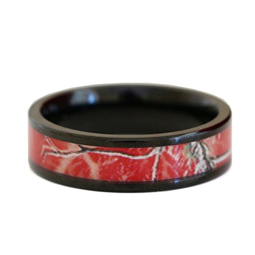 3 pc His & Hers Heart Red Camo Black Stainless Steel and Titanium Engagement Wedding Rings Set (Size His 07, Hers 08)