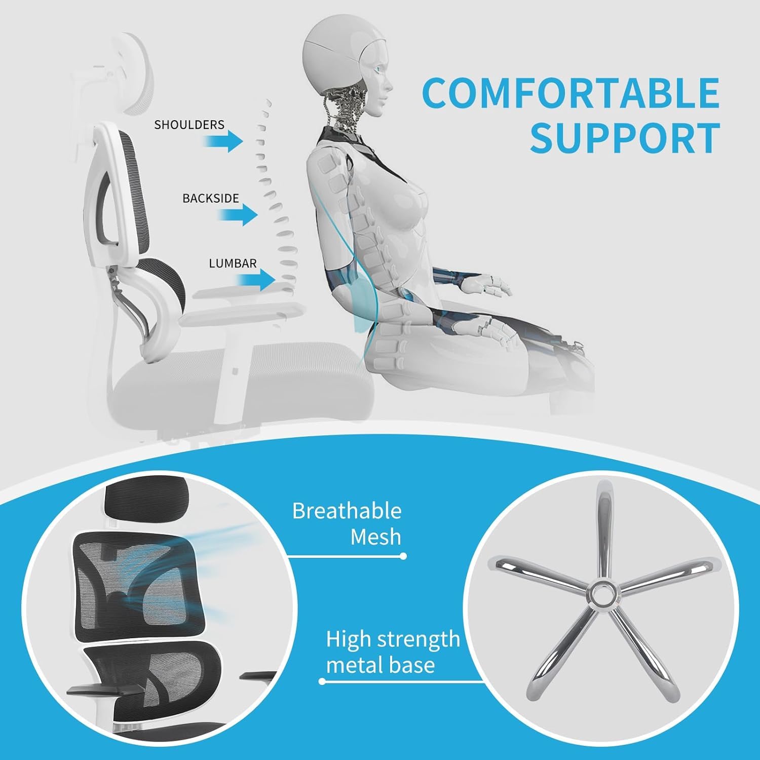 ACCHAR Desk Office Chair,Ergonomic High Back Computer Chair,Big and Tall Reclining Comfy Chair,Lumbar Support Breathable Mesh Swivel Chair with Adjustable Armrests (White and Black)