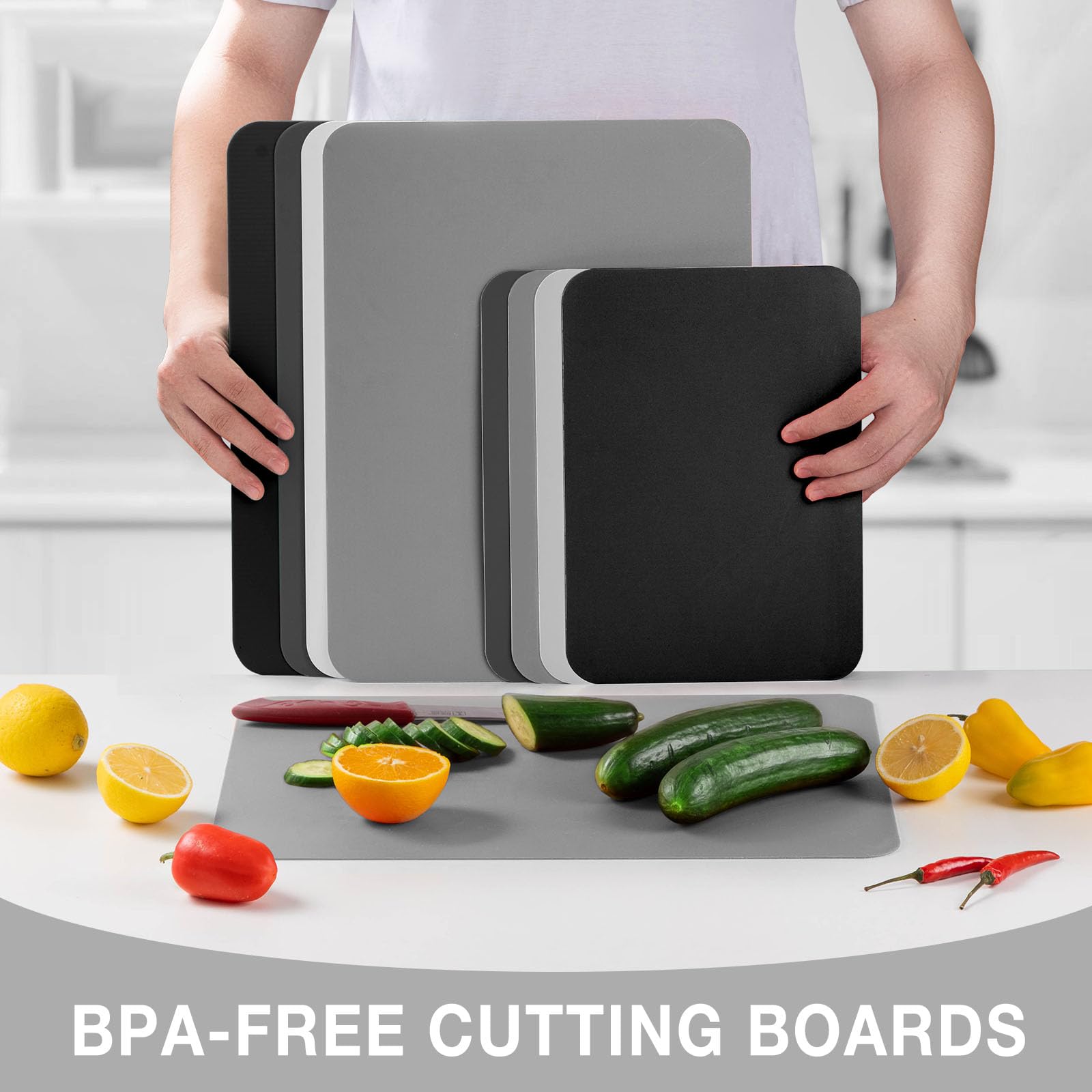 4 Pieces Plastic Cutting Boards for Kitchen, BPA Free Cutting Board Set, Flexible Cutting Mats for Meat and Vegetables in 11''x8'' Size, 4 Packs with Gray
