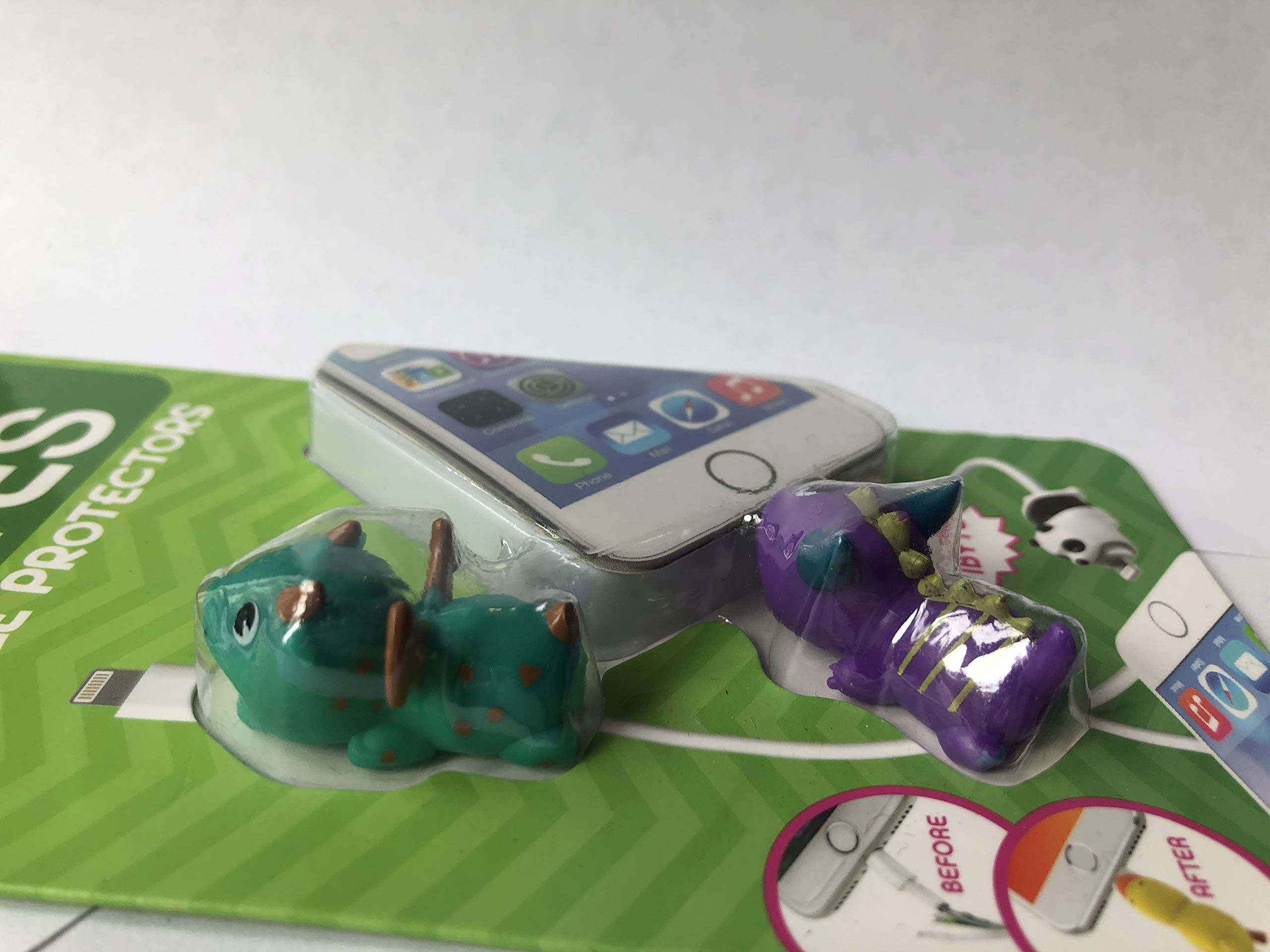 Tzumi Bytes Cable Protectors for iPhone/iPad USB Cable, Cute Animals Charging Cable Saver, Phone Accessory Protect USB Charger (Green Dragon and Purple Monsters)