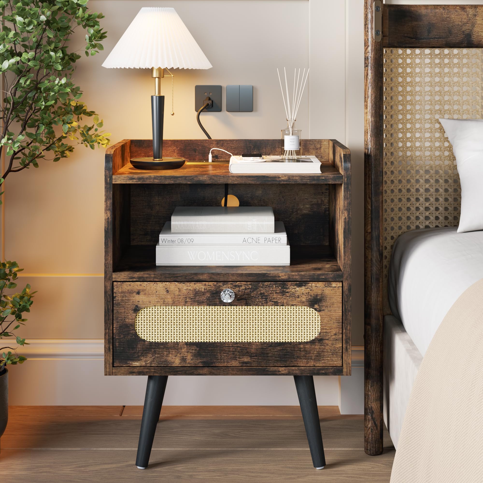 AGDULL Diamond Handle Nightstands Set of 2 with Charging Station, Bedside Table with Solid Wood Legs, End Table with Rattan Drawer, Rustic Brown