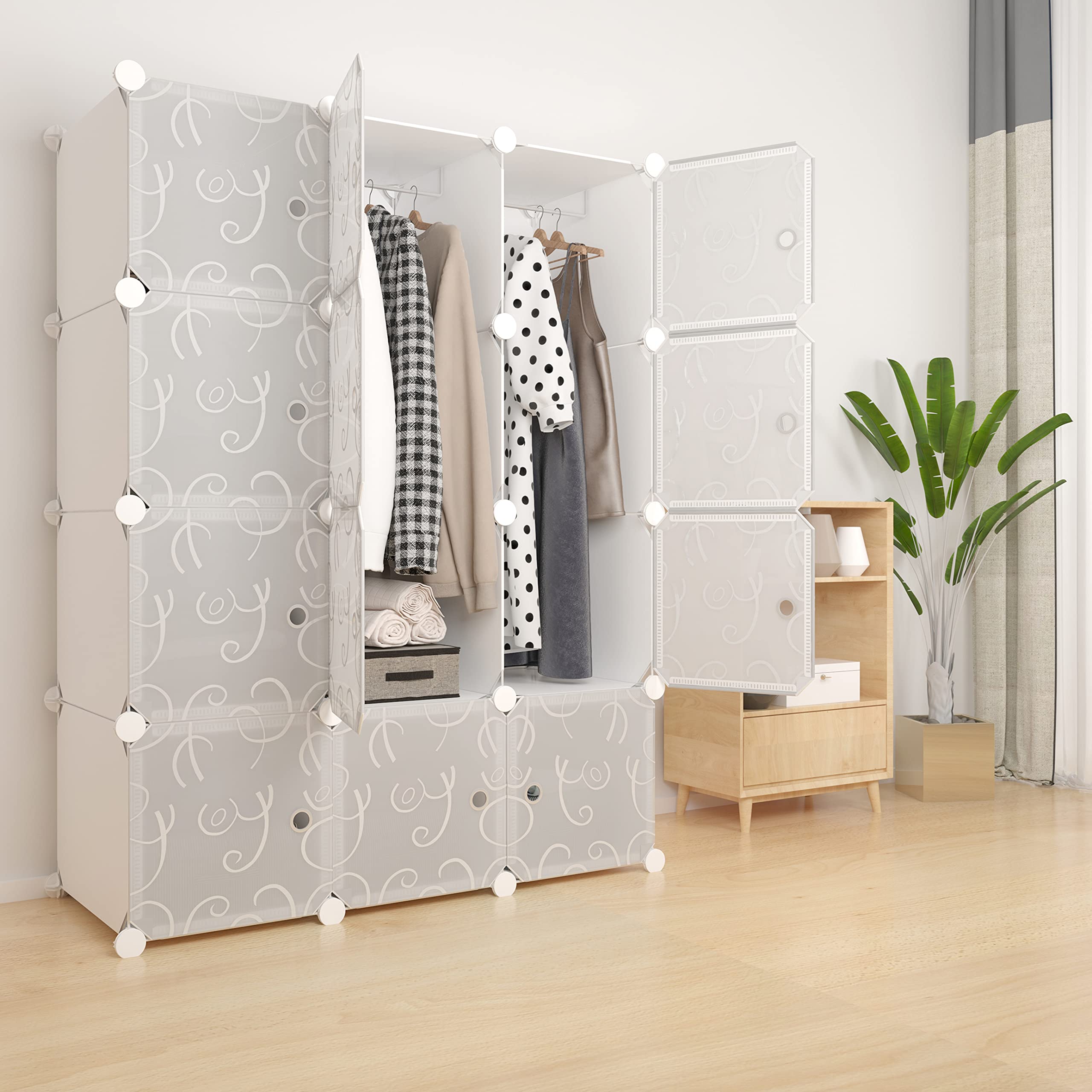 Joeoy Large Cube Storage Organizer with Doors 14"x18" Depth 12 Cubes, 30% More Space Portable Wardrobe Closets Clothes Organizer, Storage Cabinet for Bedroom, Living Room, Office, Dorm Room (White)