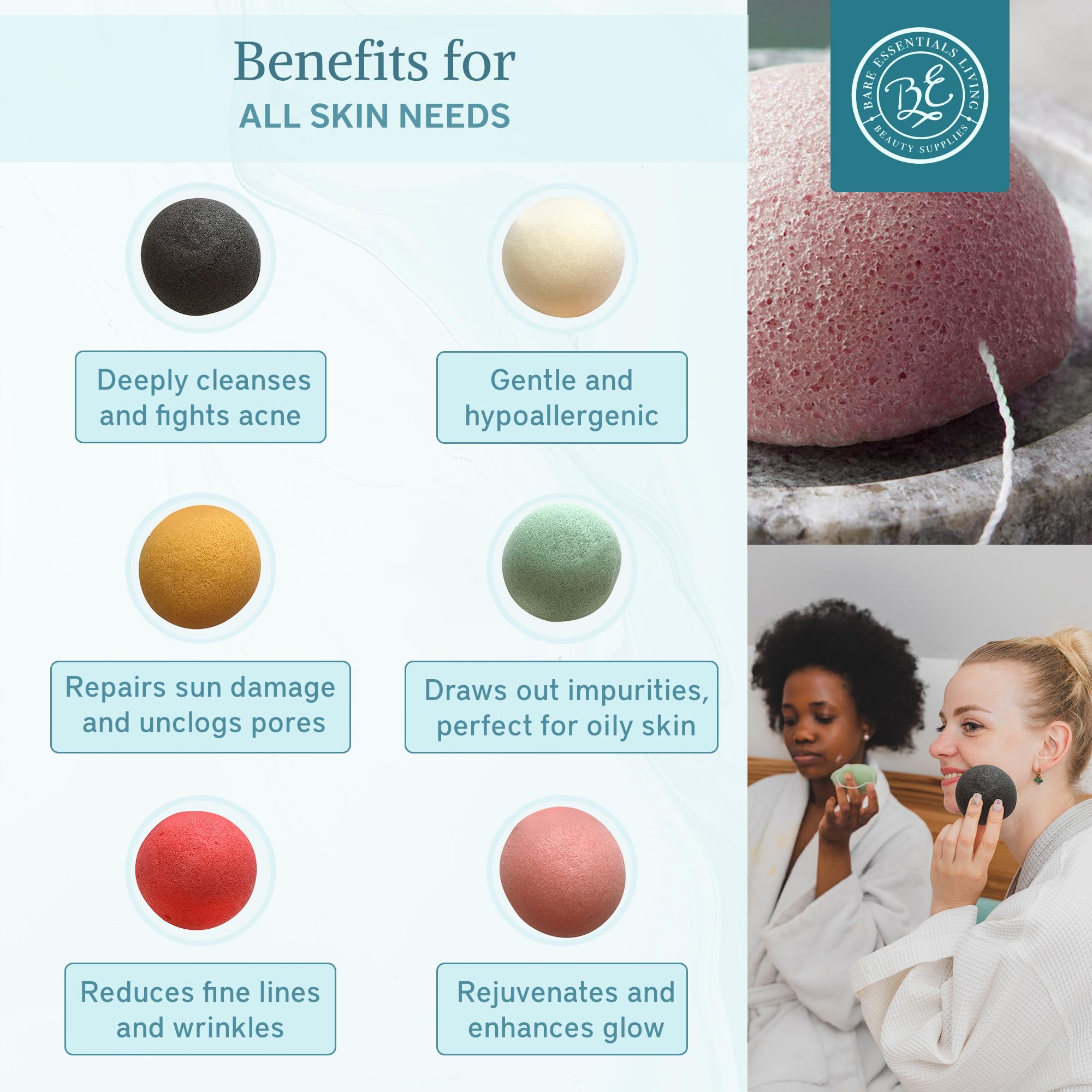 Bare Essentials Living - Konjac Sponges Set (12 Pack) with Activated Bamboo Charcoal Facial Sponge, Natural Sponge, Great for Facial Sponges, Bath Sponge, Beauty Sponge, and Exfoliating Body Sponge