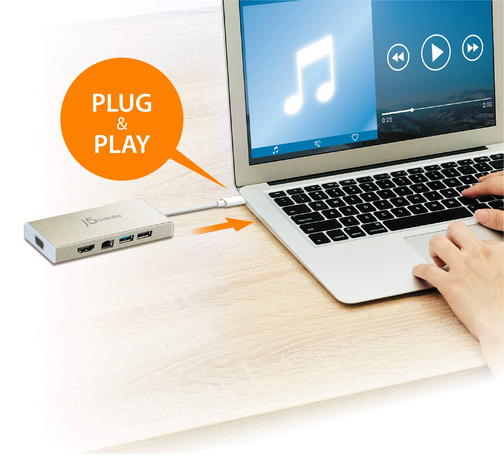 j5create USB-C 3.1 Mini Hub- USB 3.1/3.0/2.0| HDMI 1920 x 1200 @ 60 Hz/VGA 1920 x 1200 @ 60 Hz | Gigabit Ethernet | Compatible with USB C Devices