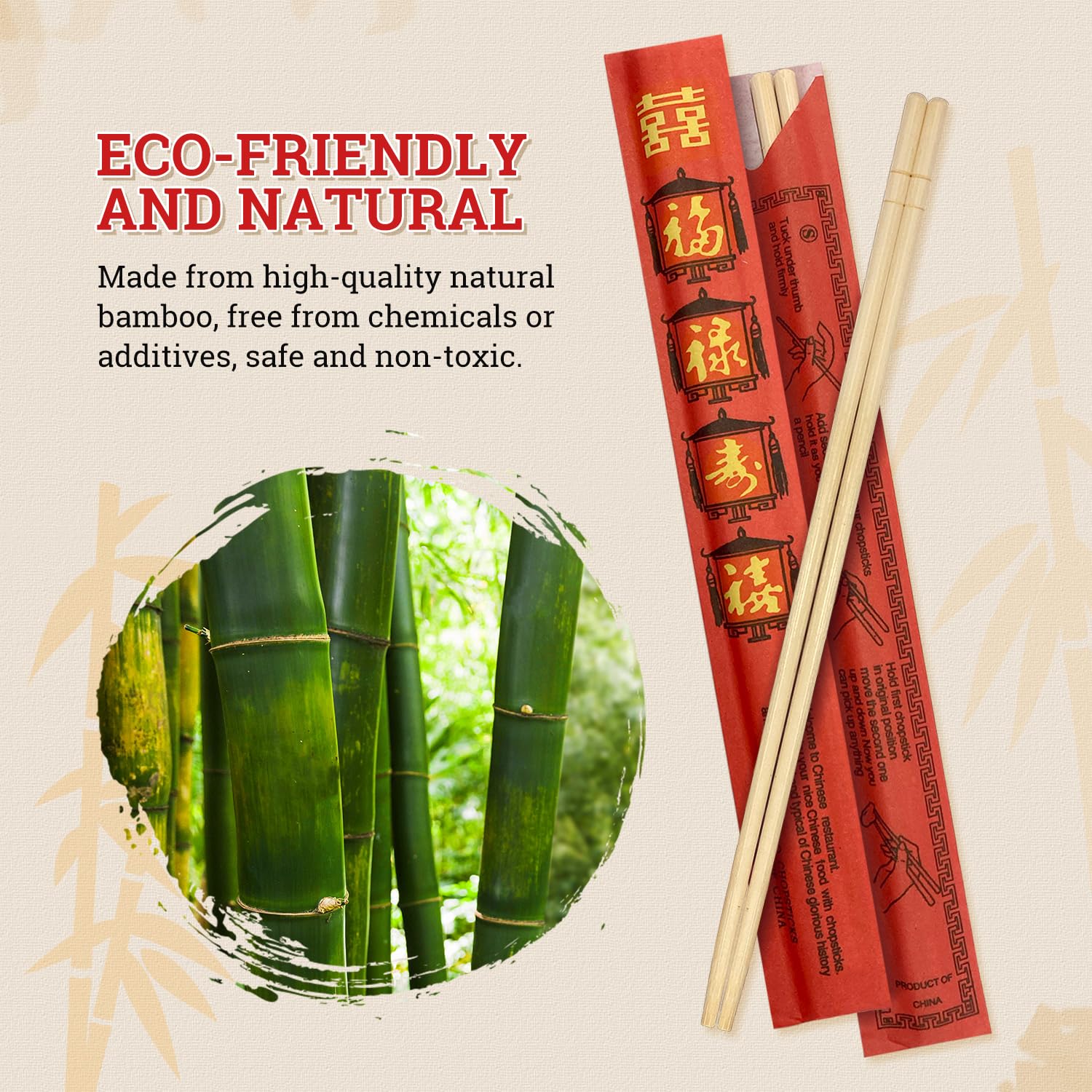 52USA Disposable Bamboo Chopsticks (100 Sets), Wooden Japanese Chopsticks Bulk, 9'' Long Chopsticks Disposable, Individually Wrapped Chinese Chopsticks