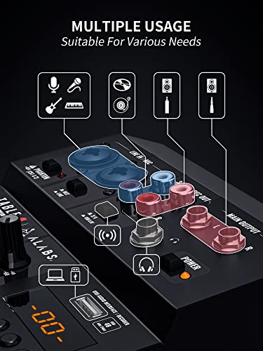 4 Channel Audio Mixer, ALABS DJ Mixer Sound Board for PC, Karoake Mixer Amplifier Mixer Audio, Podcast Mixer, XLR Interface Mixing Console with OP-AMP/Mic Preamps/Phantom/2-band EQ, TABLE4