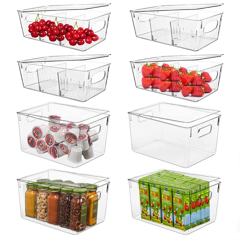8pcs Refrigerator Organizer Bins with Lids - Clear Plastic Storage Bins, Stackable Food Fridge Organizers with Cutout Handles, Fruit Vegetable Storage Containers for Kitchen Pantry Organization