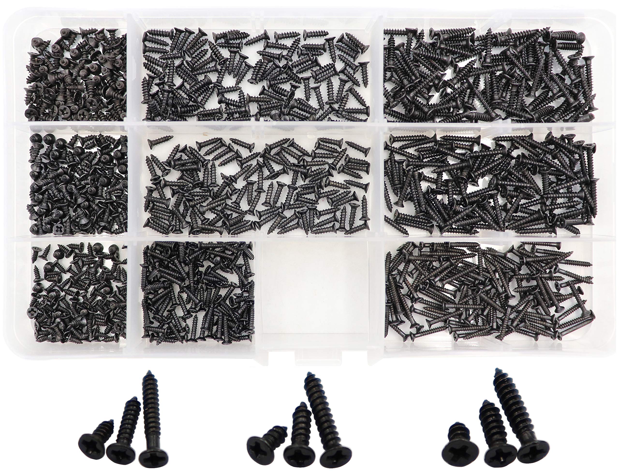 LBY 900pcs M1.7 M2 M2.3 x 5mm / 8mm/ 12mm Flat Head Self-Tapping Sheetmetal Screw Assortment Kit Mini Wood Screws 9 Sizes Combination Carbon Steel Black