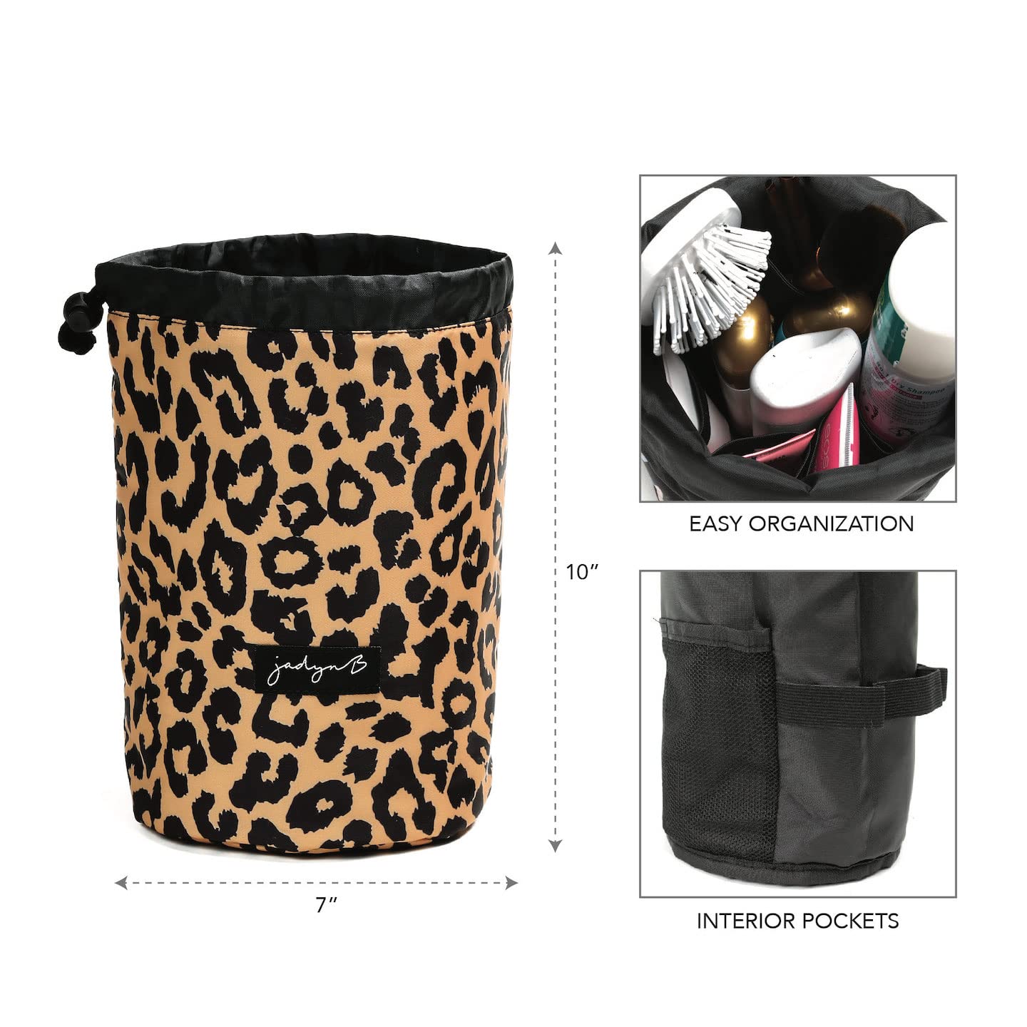 Jadyn Durable Cinch Top Makeup Organizer - Compact Travel Makeup Bag - 7 Interior Pockets for Cosmetics - Drawstring Toiletry Travel Bag for Women - 6L Storage Capacity - (Leopard)
