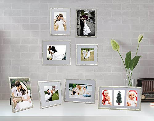8x10'' Bamboo Detail Designs Silver Metal Picture Frame with Mat for 5x7'' Set of 2, Narrow Silver Plated Photo Frames 5 x7'' With Soft Touch Velvet Backing for Desktop and Wall Décor(Silver)