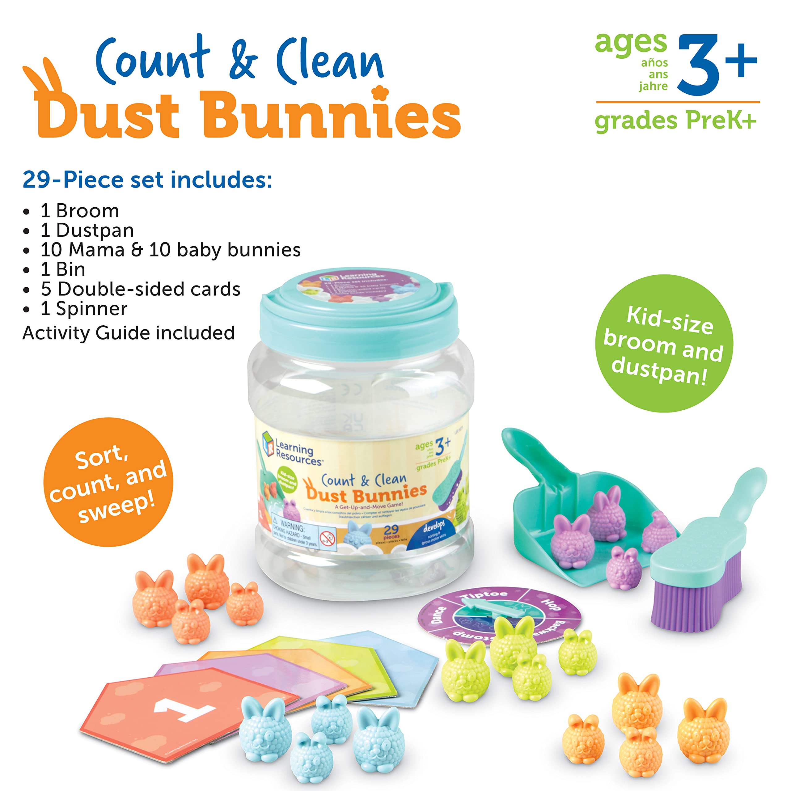 Learning Resources Count & Clean Dust Bunnies, Toddler Activities, Educational Toys Set, Color Teaching Toys, 29 Pieces, Age 3+