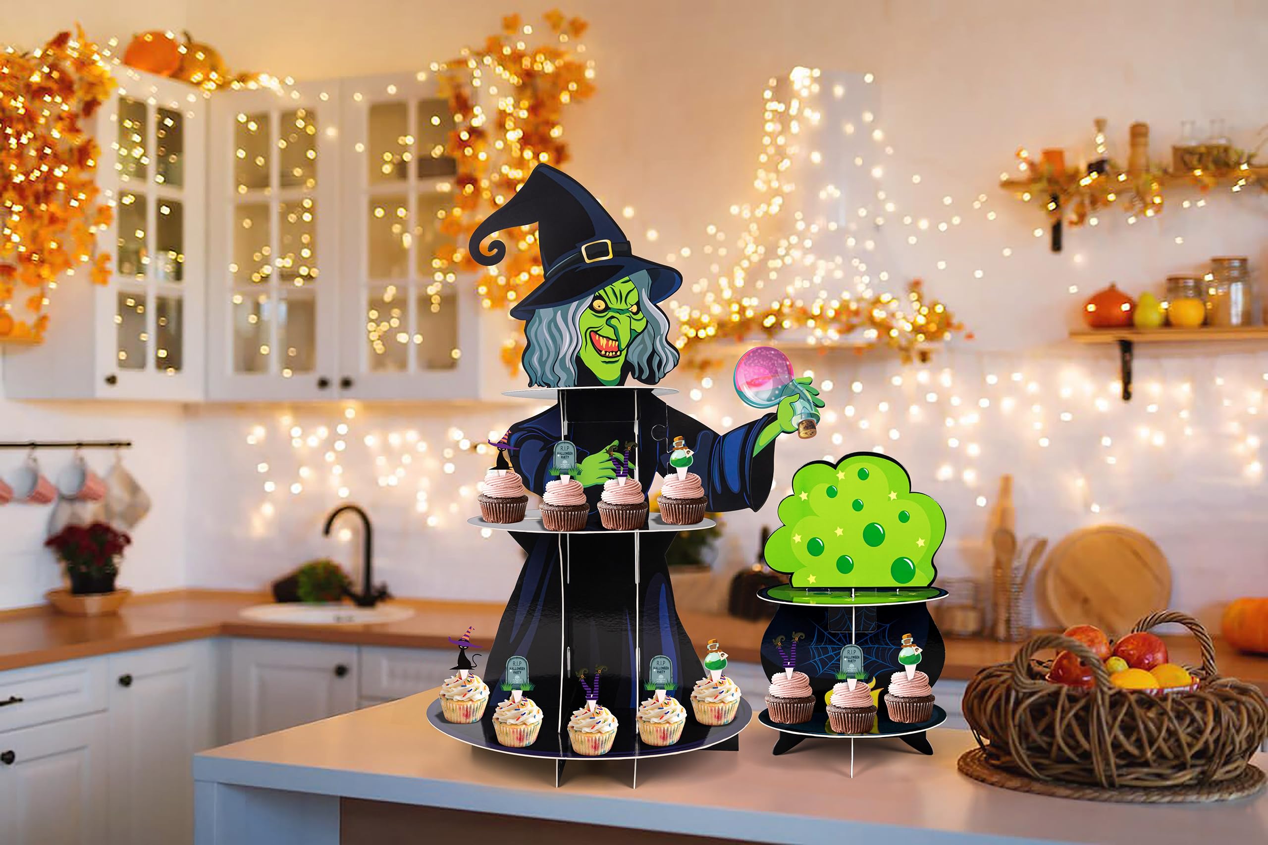 2 Set Halloween Witch Cupcake Stand Decorations, 3 - Tier Cardboard Cauldron Tray Holder Plus 24 Cake Toppers Birthday Party Supplies Decor(Assembly Needed)