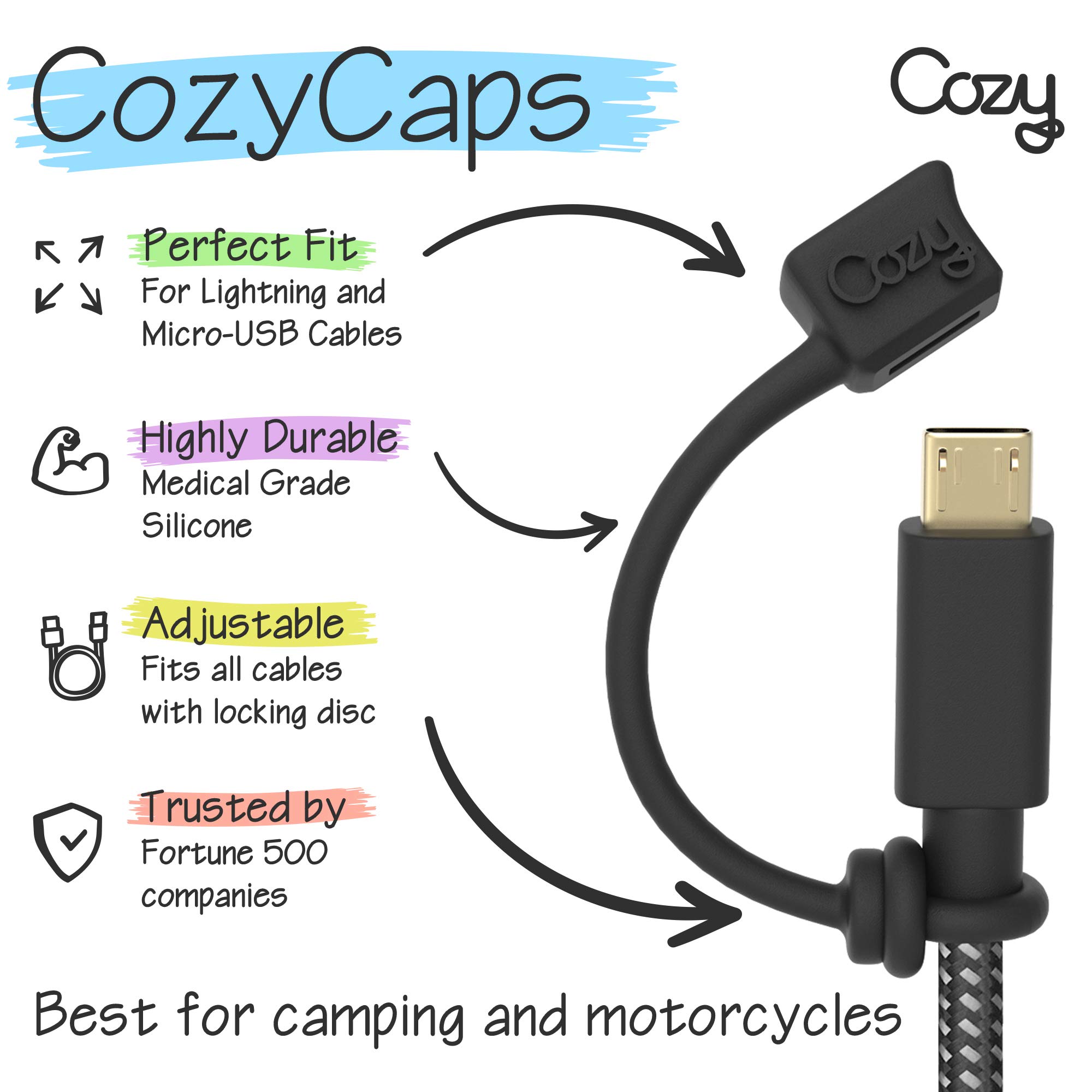Cozy [4-Piece] USB Caps/Tether for Micro USB Cable & Compatible with Apple Charging Cable (Black)