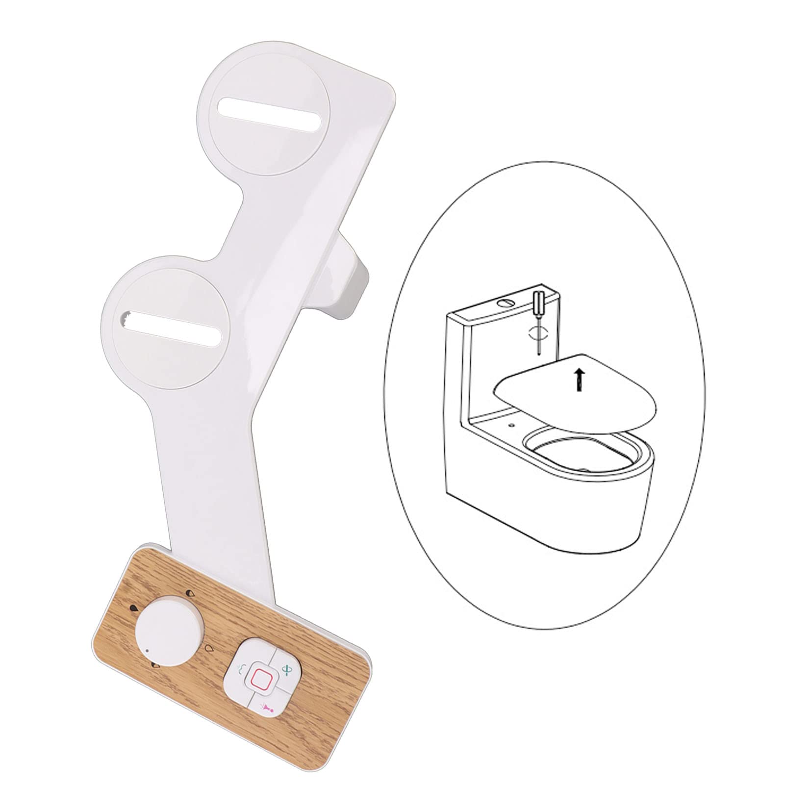 Hyuduo Button Bidet Attachment, Toilet Bidet Attachment with 7/8 Copper Tee, Wood Grain Button Dual Nozzle Bidet Attachment, Ultra Slim Bidet, Bidets