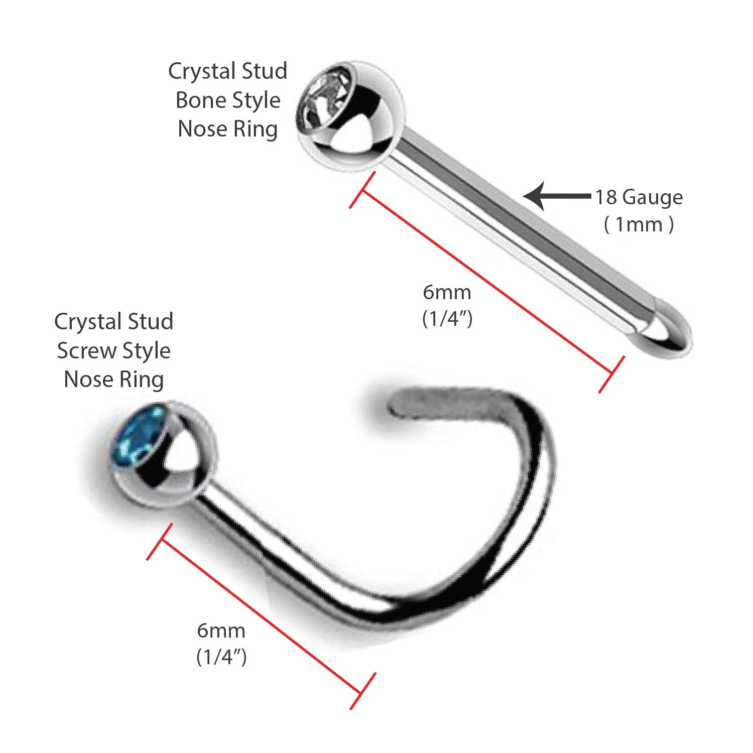 BodyJ4You 15PC Nose Piercing Kit Aftercare Bump Removal Solution | Nostril Screw Curved Bone Stud Push in Pin CZ Crystal | 18G Stainless Steel Needles Tools Gloves Clamps