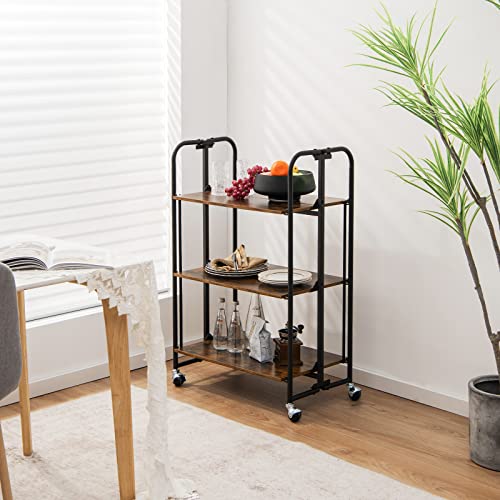 Giantex Foldable Storage Shelves with Wheels, No Assembly 3-Tier Rolling Cart, 2 of The Wheels Have Locks, Microwave Utility Cart Baker Rack, Portable Storage Rack w/Metal Frame, for Kitchen, RV