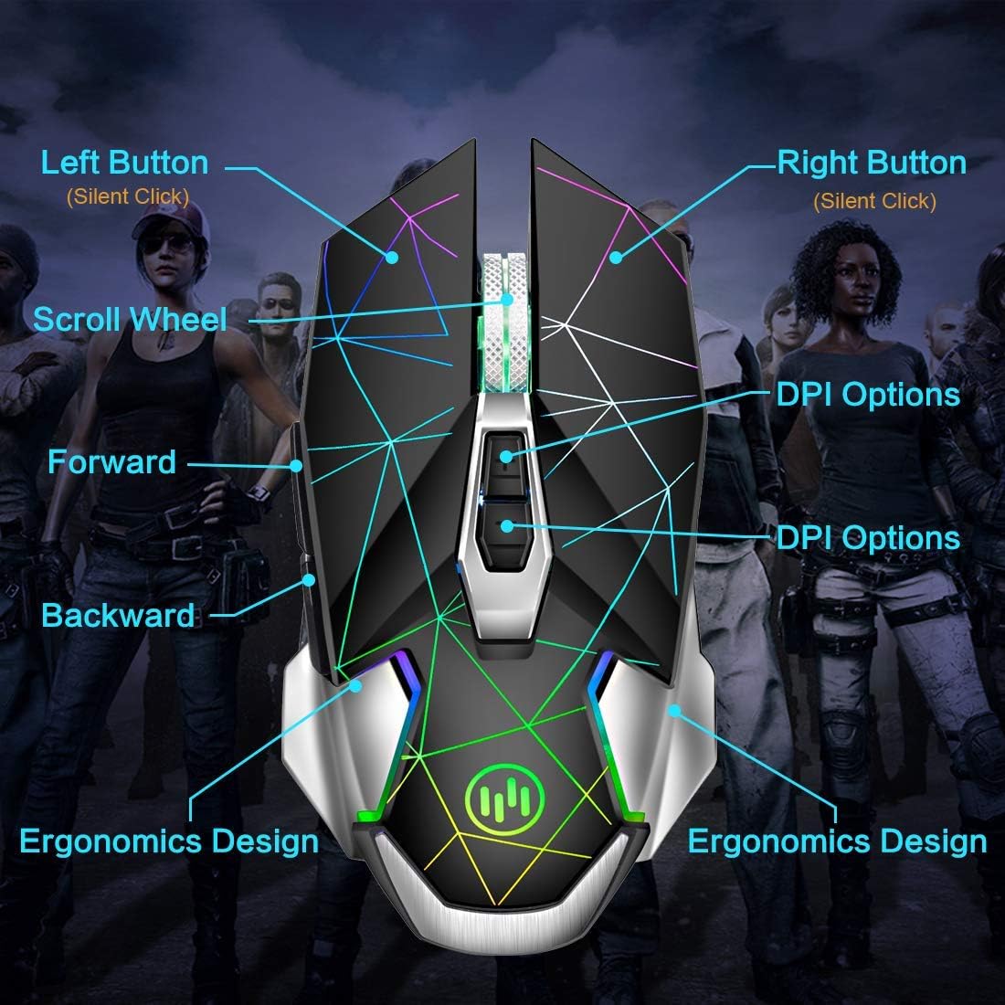 VEGCOO Wireless Gaming Mouse, Silent Click Wireless Rechargeable Mouse with Colorful LED Lights and 3 Level DPI Ergonomic Optical Gamer Mice for Laptop and Computer (C20 Black)