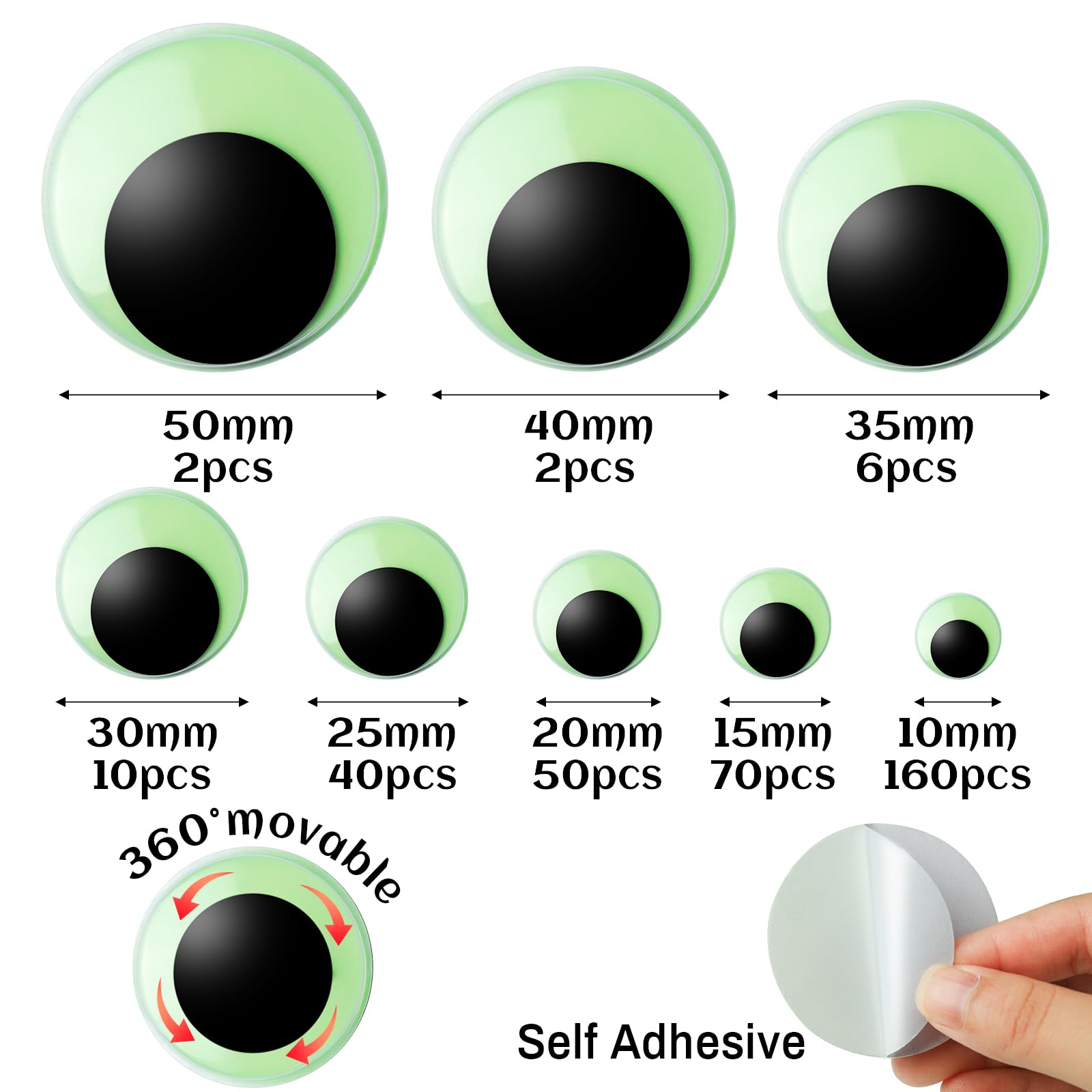 340 PCS Googly Eyes Self Adhesive for Crafts Glow in The Dark Luminous Craft Sticker Sparkle Multi Sizes Wiggle Eyes, Googly Eyes for DIY(50 40 35 30 25 20 15 10mm)