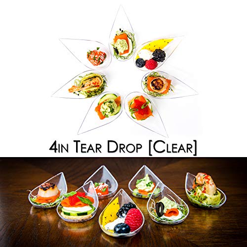 DLux 100 4-in Tear Drop Mini Appetizer Plates, Reusable Clear Plastic Spoons - Desserts and Appetizers Dishes Serving Plate - Asian Spoon Set, Small Catering Dessert Tasting Cups - with Recipe Ebook