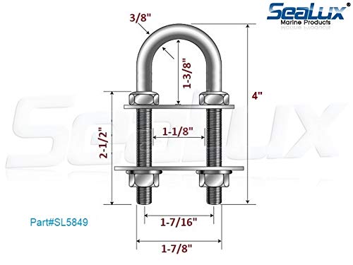 SeaLux Marine Boat Bow Eye Stern Eye U Bolt Tie Down 3/8" Stock, 4" Overall Length, 2-1/2" Thread Length with Hex Nuts and washers-SL878805849