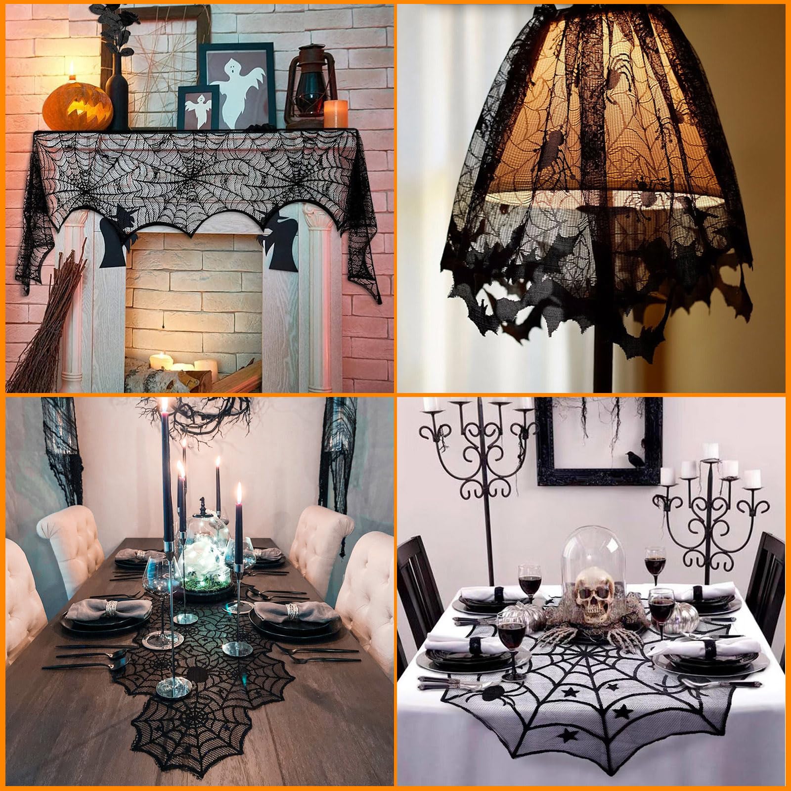 5 Pack Halloween Decorations Indoor, Halloween Mantel Decorations, Spider Web Table Runners, Round Table Cover and Cobweb Lampshade with 36pcs Scary 3D Bat Stickers for Halloween Party Decor