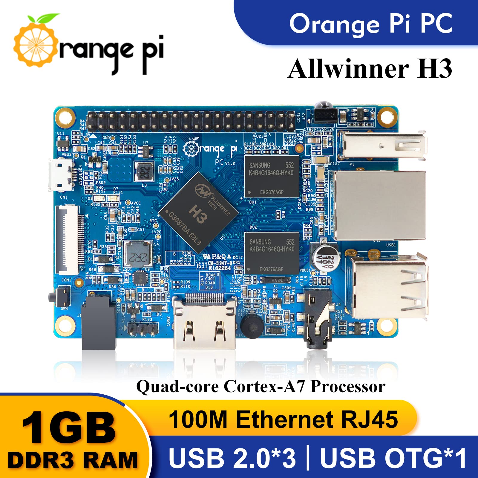 Orange Pi PC AllWinner H3 1GB Quad Core Single Board Computer Microcontroller Mini PC Run Android Ubuntu Debian (OPI PC)