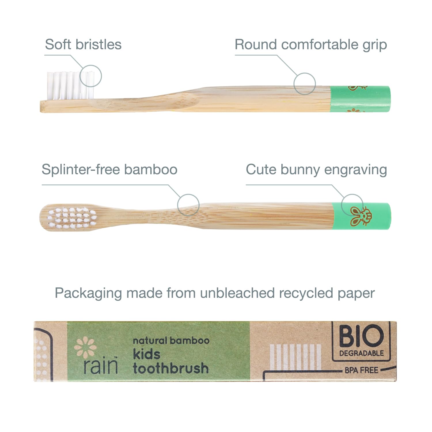 Rain Natural Bamboo Kids Toothbrush Set Fluoride-Free Baby Toothpaste Safe to Swallow with Vitamin C for 6 to 12 Months Up Infant Toddler Toothbrush BPA-Free Biodegradable (3 Toothbrush 3 Toothpaste)