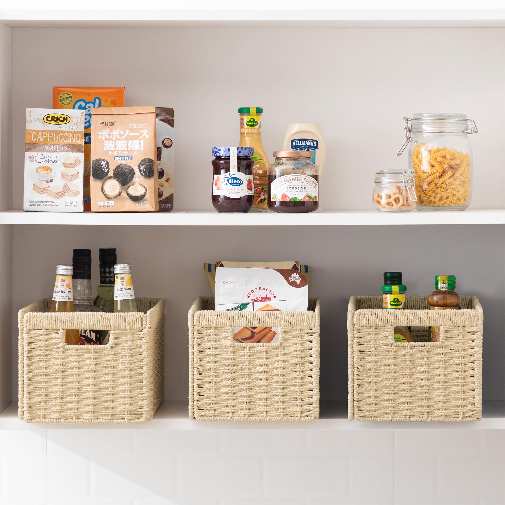 joybest Wicker Storage Baskets, Rectangular Storage Baskets with Built-in Handles, Paper Rope Baskets for Shelves Living Room Indoor Home Organizing