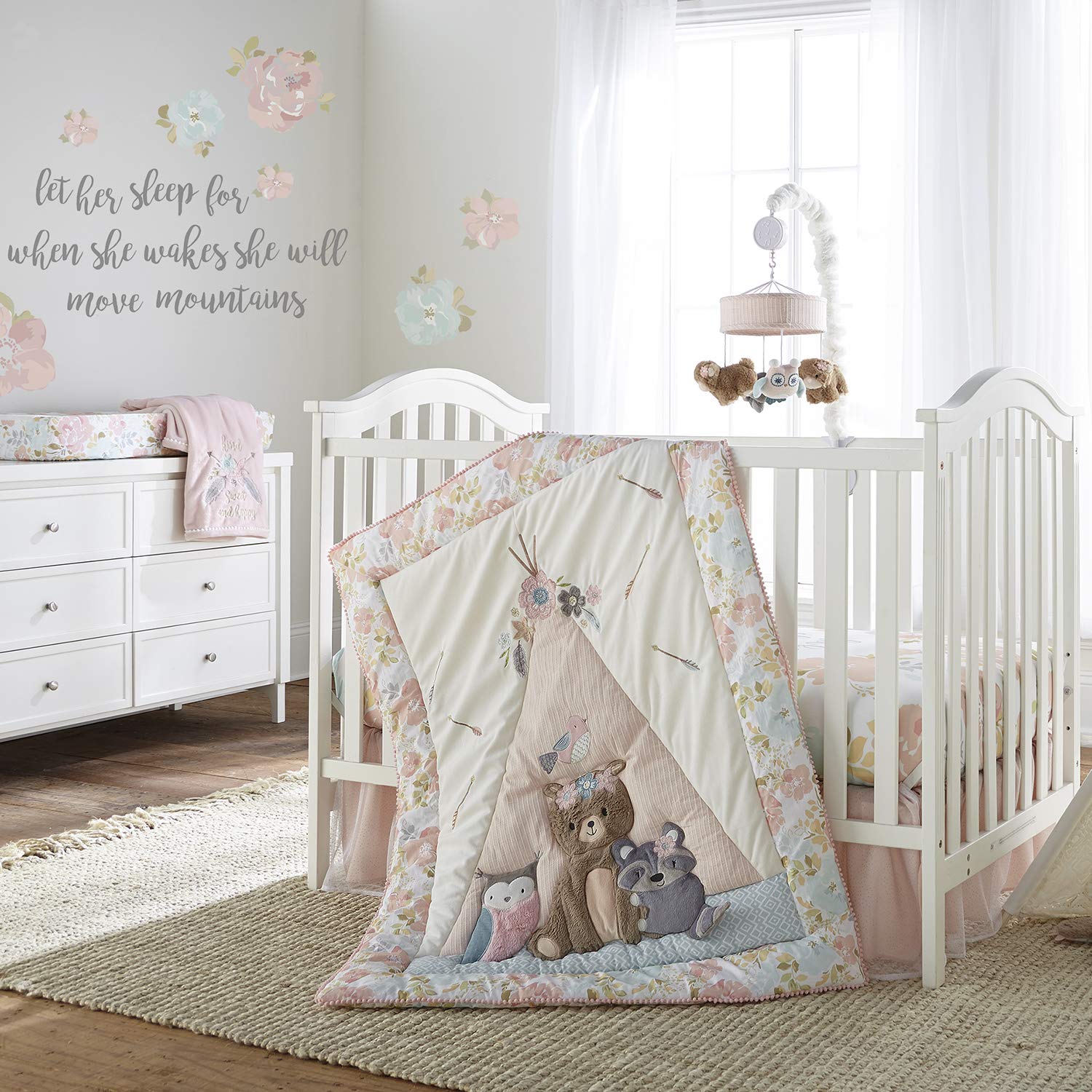 Levtex Baby - Let Her Sleep Floral Peel and Stick Large Decals - Silver, Pink, Aqua - Let Her Sleep for When She Wakes She Will Move Mountains, Multi (LB350WD)