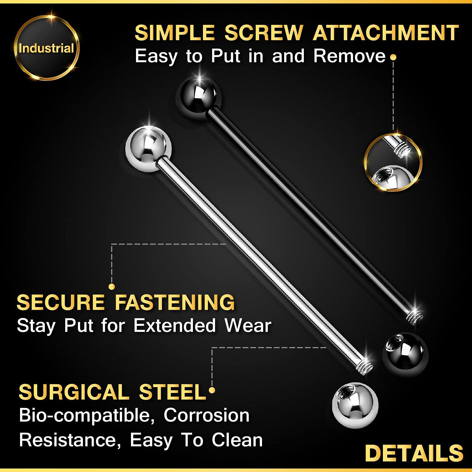 2PCS Stainless Steel Industrial Barbell Stud Scaffold 14 Gauge 1 1/2 38mm 5mm Ball Earrings Piercing Jewelry See More Colors (2pcs 38mm Black)